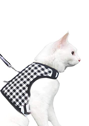 Yizhi Miaow Cat Harness and Leash for Walking Escape Proof, Adjustable Cat Walking Vest Harness, Stylish Cat Jacket Black Plaid, Large