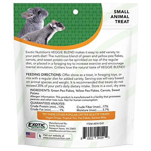 Exotic Nutrition Veggie Blend - Healthy Natural Mixed Dried Vegetable Treat - Sweet Potatoes, Carrots, Peas - for Degus, Chinchillas, Sugar Gliders, Hedgehogs, Guinea Pigs & Small Pets… (6 Ounce)