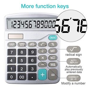 Calculator,12-Digit Solar Battery Basic Calculator,Solar Battery Dual Power with Large LCD Display Office Calculators (Silver)