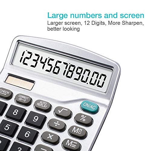 Calculator,12-Digit Solar Battery Basic Calculator,Solar Battery Dual Power with Large LCD Display Office Calculators (Silver)