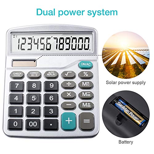 Calculator,12-Digit Solar Battery Basic Calculator,Solar Battery Dual Power with Large LCD Display Office Calculators (Silver)