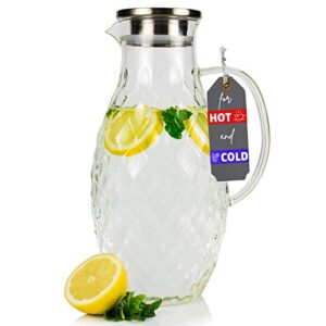 large glass pitcher with lid and spout - 100 ounces big cold and hot water carafe with unique glass diamond pattern, beverage and water pitcher for homemade iced tea and juice.