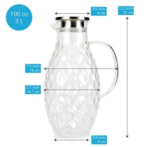 Large Glass Pitcher with Lid and Spout - 100 Ounces Big Cold and Hot Water Carafe with Unique Glass Diamond Pattern, Beverage and Water Pitcher for Homemade Iced Tea and Juice.