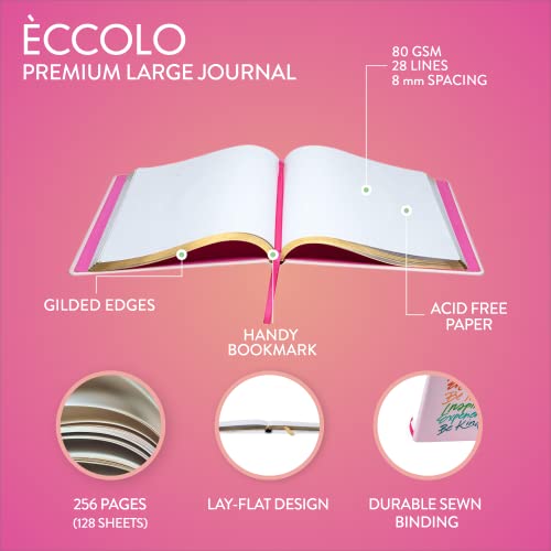 Eccolo Large Lined Journal Notebook, Hardbound Cover, Writing Journal, 256 Ruled White Pages, Gilded Edges, Ribbon Bookmark, Lay Flat, Desk Size for Work or School (Pink, 8x10 inches)