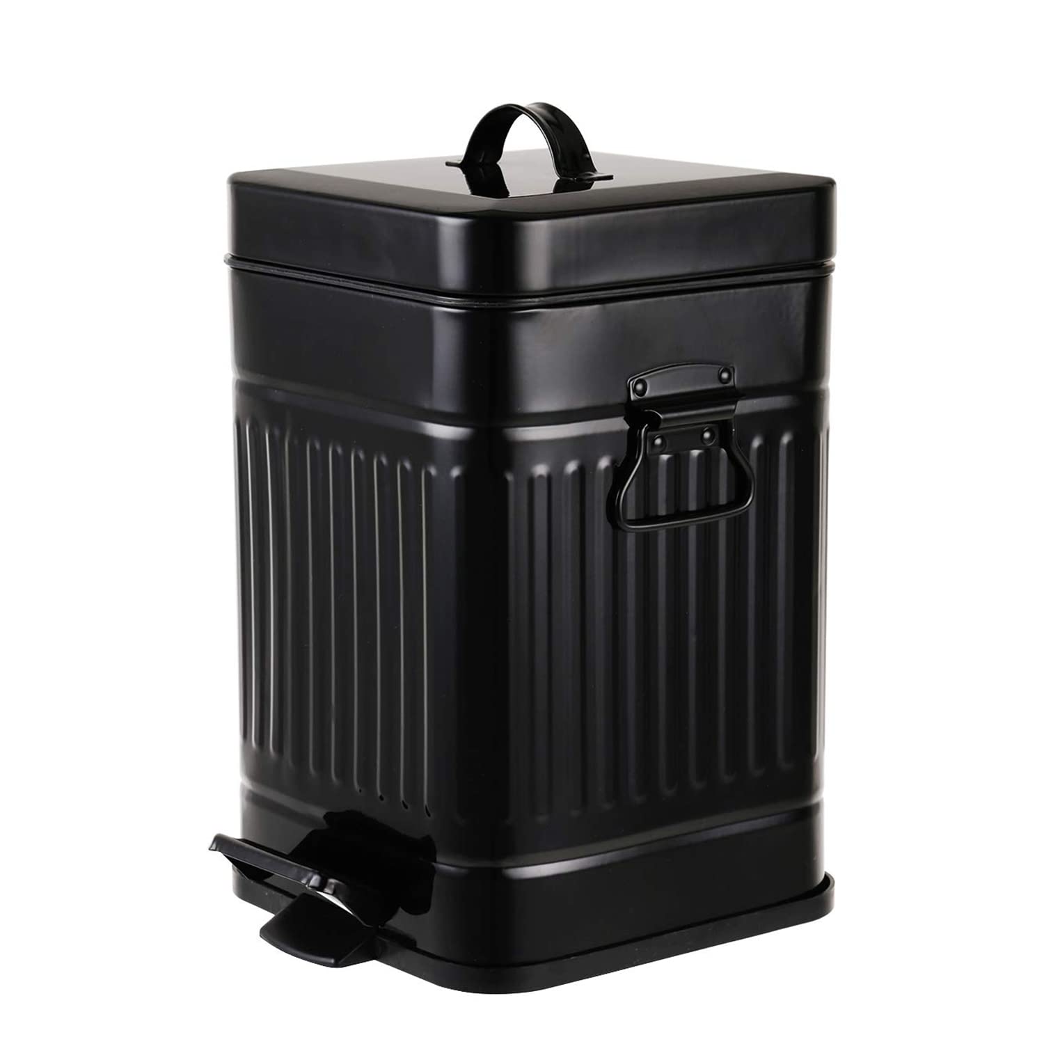 Bathroom Trash Can with Lid, Small Garbage Bin for Home Bedroom, Retro Step Wastebasket with Soft Close, Vintage Metal Office Trash Can, 5 Liter/ 1.3 Gallon, Glossy Black