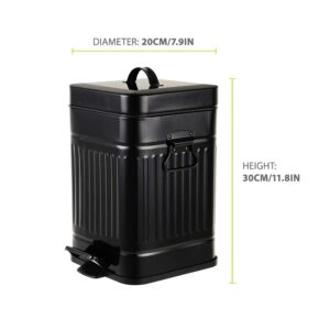 Bathroom Trash Can with Lid, Small Garbage Bin for Home Bedroom, Retro Step Wastebasket with Soft Close, Vintage Metal Office Trash Can, 5 Liter/ 1.3 Gallon, Glossy Black