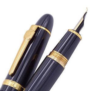 Jinhao 159 Fountain Pen, Fude Pen Bent Nib, Black Lacquer Gold Trim Big Heavy Pen with Pouch and Ink Converter