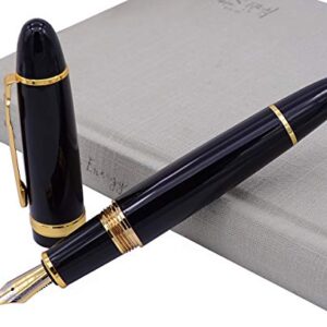 Jinhao 159 Fountain Pen, Fude Pen Bent Nib, Black Lacquer Gold Trim Big Heavy Pen with Pouch and Ink Converter