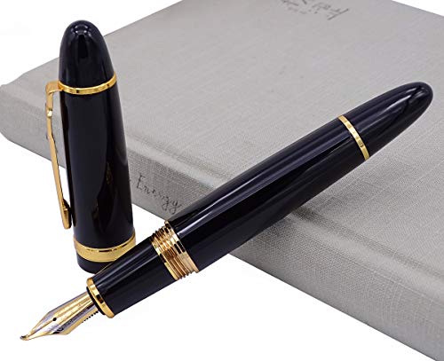 Jinhao 159 Fountain Pen, Fude Pen Bent Nib, Black Lacquer Gold Trim Big Heavy Pen with Pouch and Ink Converter