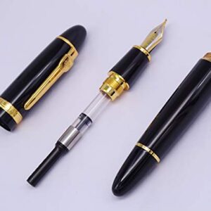 Jinhao 159 Fountain Pen, Fude Pen Bent Nib, Black Lacquer Gold Trim Big Heavy Pen with Pouch and Ink Converter