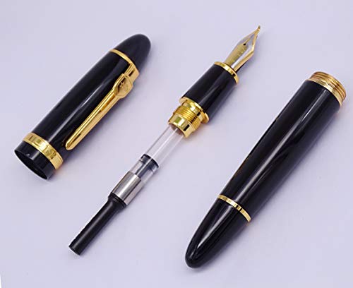 Jinhao 159 Fountain Pen, Fude Pen Bent Nib, Black Lacquer Gold Trim Big Heavy Pen with Pouch and Ink Converter