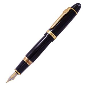 Jinhao 159 Fountain Pen, Fude Pen Bent Nib, Black Lacquer Gold Trim Big Heavy Pen with Pouch and Ink Converter