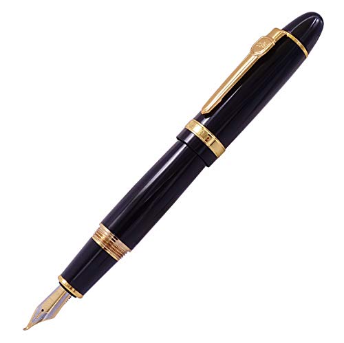 Jinhao 159 Fountain Pen, Fude Pen Bent Nib, Black Lacquer Gold Trim Big Heavy Pen with Pouch and Ink Converter