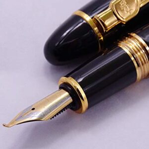 Jinhao 159 Fountain Pen, Fude Pen Bent Nib, Black Lacquer Gold Trim Big Heavy Pen with Pouch and Ink Converter