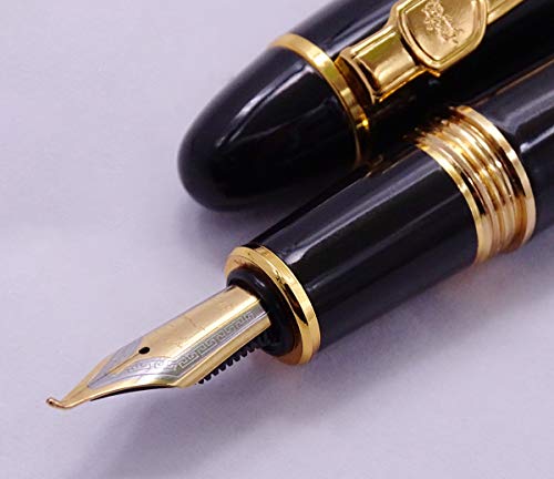 Jinhao 159 Fountain Pen, Fude Pen Bent Nib, Black Lacquer Gold Trim Big Heavy Pen with Pouch and Ink Converter