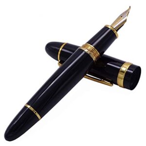 Jinhao 159 Fountain Pen, Fude Pen Bent Nib, Black Lacquer Gold Trim Big Heavy Pen with Pouch and Ink Converter