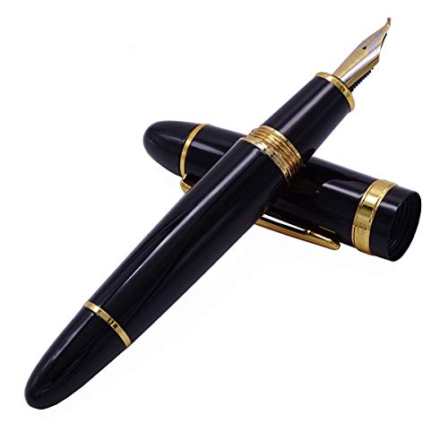 Jinhao 159 Fountain Pen, Fude Pen Bent Nib, Black Lacquer Gold Trim Big Heavy Pen with Pouch and Ink Converter