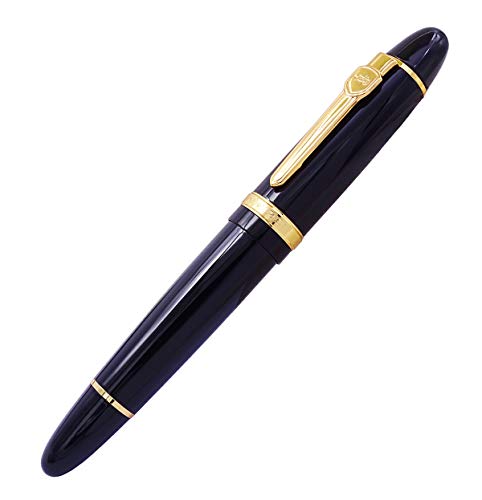 Jinhao 159 Fountain Pen, Fude Pen Bent Nib, Black Lacquer Gold Trim Big Heavy Pen with Pouch and Ink Converter