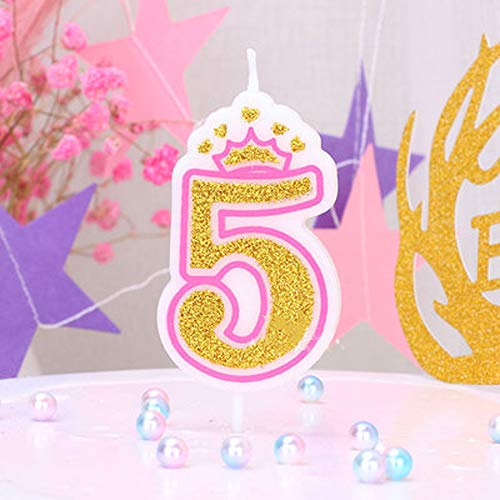 T-shin Glitter Number 5 Birthday Candle,Gold Number with Crown Candles,Long Thin Anniversary Candles Set,Party Supplies,Cake Decoration (Gold-5)