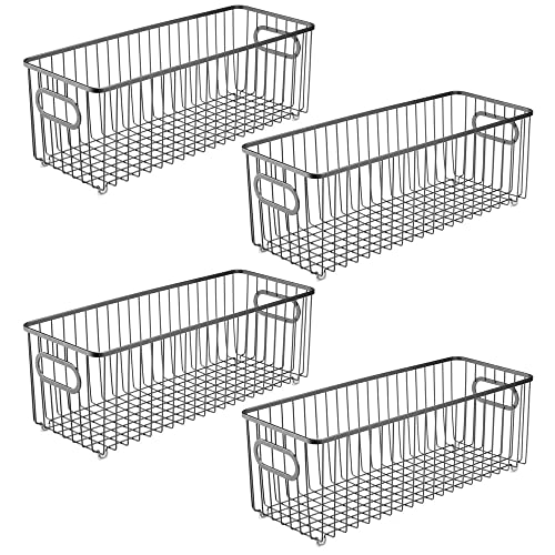 mDesign Deep Metal Bathroom Storage Organizer Basket Bin - Farmhouse Wire Grid Design - for Cabinets, Shelves, Closets, Vanity Countertops, Bedrooms, Under Sinks - 4 Pack - Graphite Gray