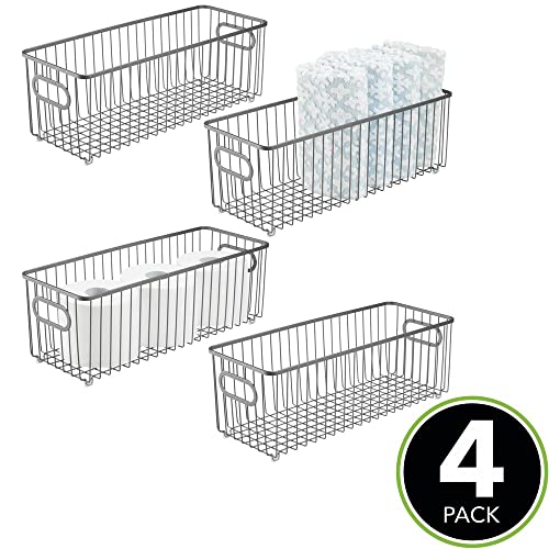 mDesign Deep Metal Bathroom Storage Organizer Basket Bin - Farmhouse Wire Grid Design - for Cabinets, Shelves, Closets, Vanity Countertops, Bedrooms, Under Sinks - 4 Pack - Graphite Gray