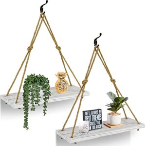 wood rope hanging floating shelves set of 2, hanging shelves for wall decor, window rope wood hanging plant shelf, wall hanging rope shelves for living room, bedroom, bathroom and kitchen ( white)