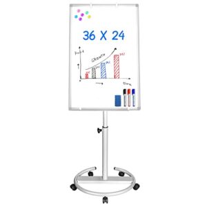 mobile whiteboard – 36 x 24 inches portable magnetic dry erase board, 3' x 2' stand easel white board dry erase easel standing board w/flipchart hooks