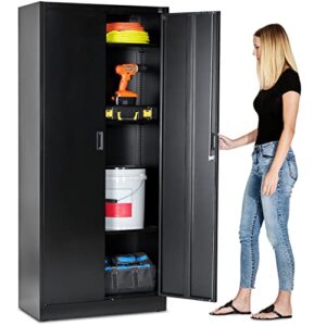 metal garage storage cabinet - 71-inch tall large steel utility locker with adjustable shelves & locking doors - garage cabinets for tool storage and ammo locker - black