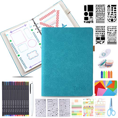 Dotted Journal Kit, Tebik A5 Bullet Grid Journal loose leaf with 6 Ring Binder, 240 Pages, 15 Colored Pens, Stencils, Stickers, Tapes for Journal Diary Schedule Planner, 5.25" x 8.25" - Teal