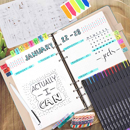 Dotted Journal Kit, Tebik A5 Bullet Grid Journal loose leaf with 6 Ring Binder, 240 Pages, 15 Colored Pens, Stencils, Stickers, Tapes for Journal Diary Schedule Planner, 5.25" x 8.25" - Teal