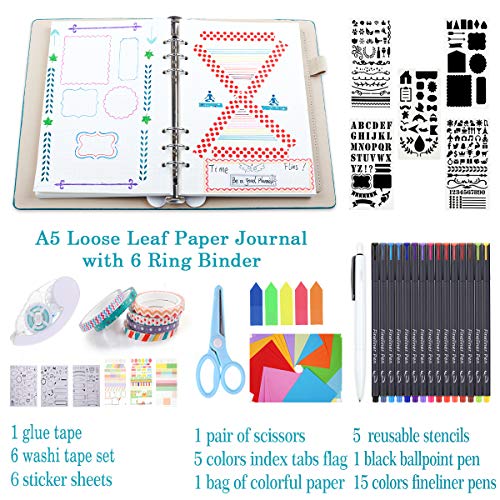 Dotted Journal Kit, Tebik A5 Bullet Grid Journal loose leaf with 6 Ring Binder, 240 Pages, 15 Colored Pens, Stencils, Stickers, Tapes for Journal Diary Schedule Planner, 5.25" x 8.25" - Teal