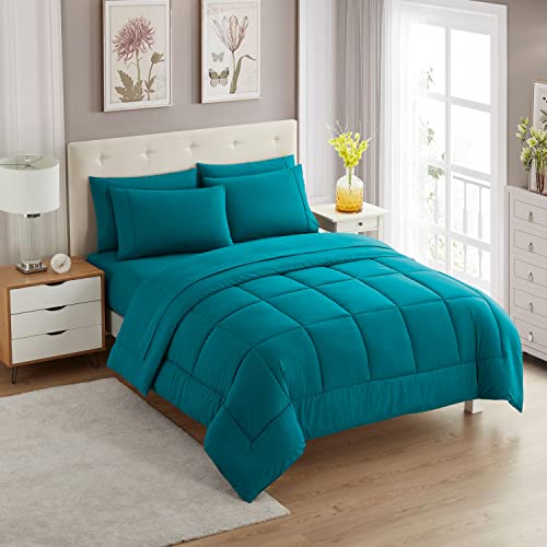 Sweet Home Collection 5 Piece Comforter Set Bag Solid Color All Season Soft Down Alternative Blanket & Luxurious Microfiber Bed Sheets, Teal, Twin