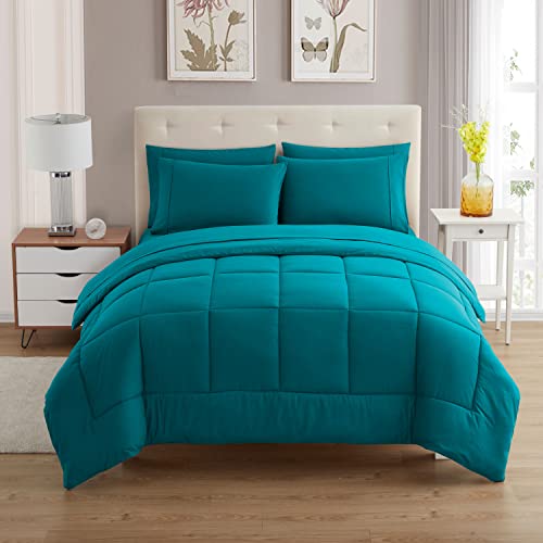 Sweet Home Collection 5 Piece Comforter Set Bag Solid Color All Season Soft Down Alternative Blanket & Luxurious Microfiber Bed Sheets, Teal, Twin