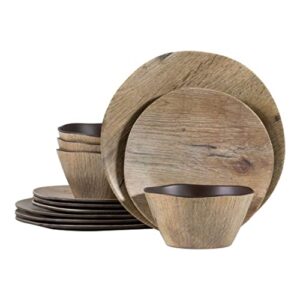 melamine dinnerware sets - 12 pcs melamine plates outdoor plates summer plates and bowls sets melamine plates ideal camping dish set dinnerware set for 4 dishwasher safe (wood grain)