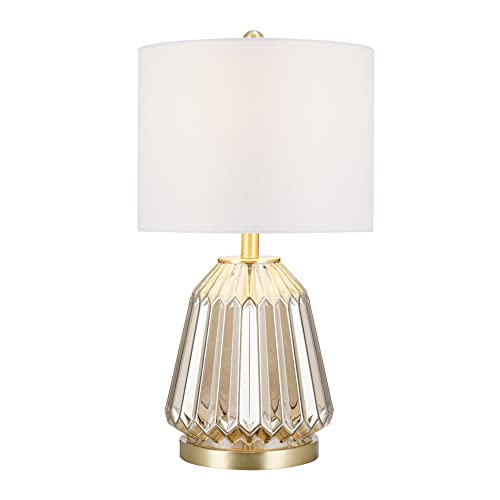 Catalina 22144-001 Transitional 3-Way Ribbed Clear Glass Table Lamp with Linen Shade, Led Bulb Included, 23.5", Champagne