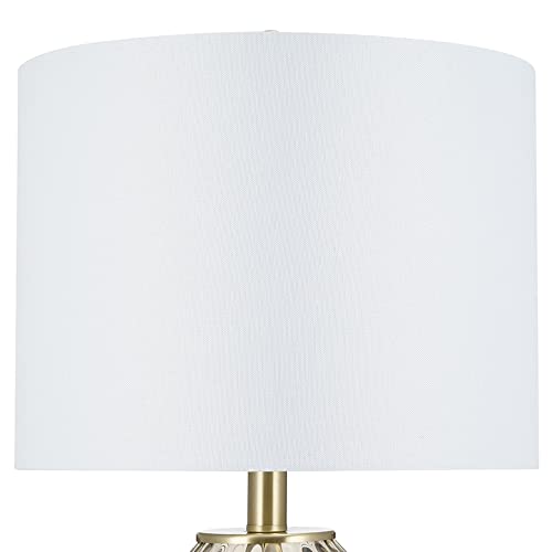 Catalina 22144-001 Transitional 3-Way Ribbed Clear Glass Table Lamp with Linen Shade, Led Bulb Included, 23.5", Champagne