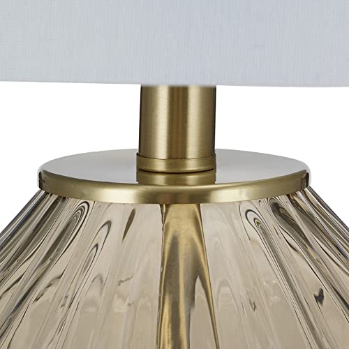 Catalina 22144-001 Transitional 3-Way Ribbed Clear Glass Table Lamp with Linen Shade, Led Bulb Included, 23.5", Champagne