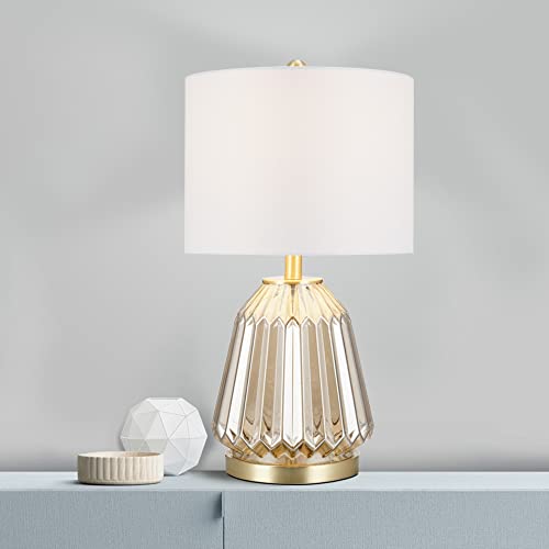 Catalina 22144-001 Transitional 3-Way Ribbed Clear Glass Table Lamp with Linen Shade, Led Bulb Included, 23.5", Champagne