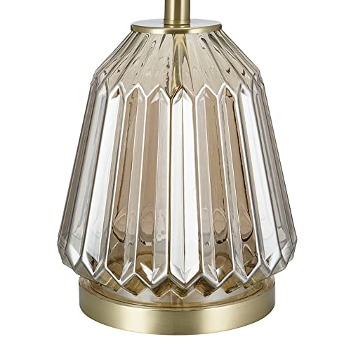 Catalina 22144-001 Transitional 3-Way Ribbed Clear Glass Table Lamp with Linen Shade, Led Bulb Included, 23.5", Champagne