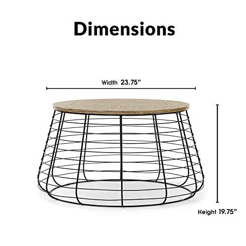 ClickDecor Lydia Matte Black Wireframe Coffee Table, Modern Farmhouse Round Living Room Accent Furniture Distressed Wood Finish Tabletop, Fully Assembled, Brown 23.6D x 23.6W x 19.7H in