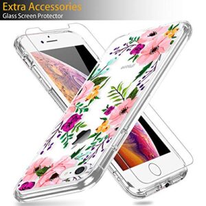 LUHOURI iPhone 8 Case, Clear iPhone 7 Case with Screen Protector, Girls Women Floral Heavy Duty Protective Hard Case with Slim Soft TPU Bumper Cover Phone Case for iPhone 8 and iPhone 7