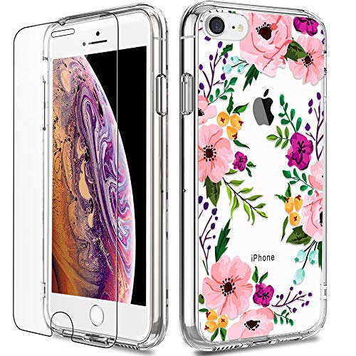 LUHOURI iPhone 8 Case, Clear iPhone 7 Case with Screen Protector, Girls Women Floral Heavy Duty Protective Hard Case with Slim Soft TPU Bumper Cover Phone Case for iPhone 8 and iPhone 7