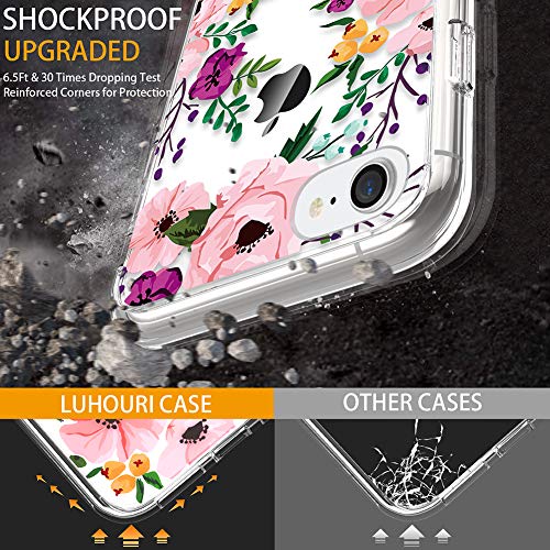 LUHOURI iPhone 8 Case, Clear iPhone 7 Case with Screen Protector, Girls Women Floral Heavy Duty Protective Hard Case with Slim Soft TPU Bumper Cover Phone Case for iPhone 8 and iPhone 7