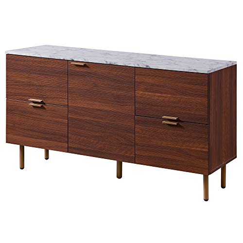 Versanora Teamson Home Ashton Faux Marble Top Sideboard Buffet Cabinet Wooden Storage with 1 Door 4 Drawers for Entryway Living Room Home Office, 28 inch Height, Walnut