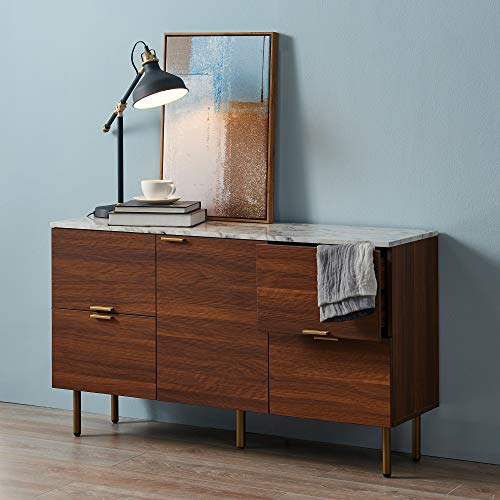 Versanora Teamson Home Ashton Faux Marble Top Sideboard Buffet Cabinet Wooden Storage with 1 Door 4 Drawers for Entryway Living Room Home Office, 28 inch Height, Walnut