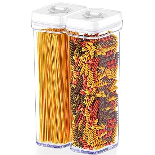 DWËLLZA KITCHEN Pasta Storage Containers for Pantry - 2 Pc Airtight Spaghetti Container Storage - Ideal for Spaghetti & Noodles, Kitchen Pantry Organization and Storage, Keeps Food Fresh (White Lids)