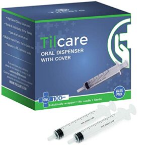 10ml oral dispenser syringe with cover 100 pack by tilcare - sterile plastic medicine droppers for children, pets & adults – latex-free medication syringe - syringes for glue and epoxy