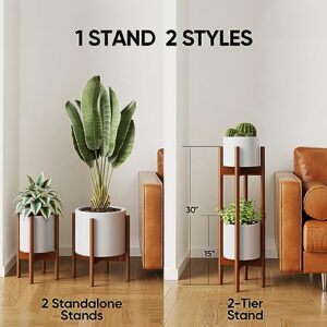 MUDEELA 2 Pack Indoor Plant Stands, 2 Tier Tall Plant Stand 30 inches, Mid Century Bamboo Plant Stand, Adjustable Width 8 - 12 inches, Fits Pot Size of 8 9 10 11 12 inches, Pot & Plant Not Included, Brown