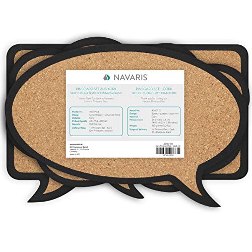 Navaris Cork Bulletin Board Set - 3X Pieces Cork Boards in Cute Decorative Speech and Thought Bubble Shapes with Push Pins for Kitchen, Home, Office