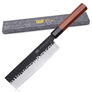 findking dynasty series japanese nakiri knife, professional vegetable cleaver, 9cr18mov high carbon steel blade, african rosewood octagonal handle, for shred, slicing, mincing, 7 inches